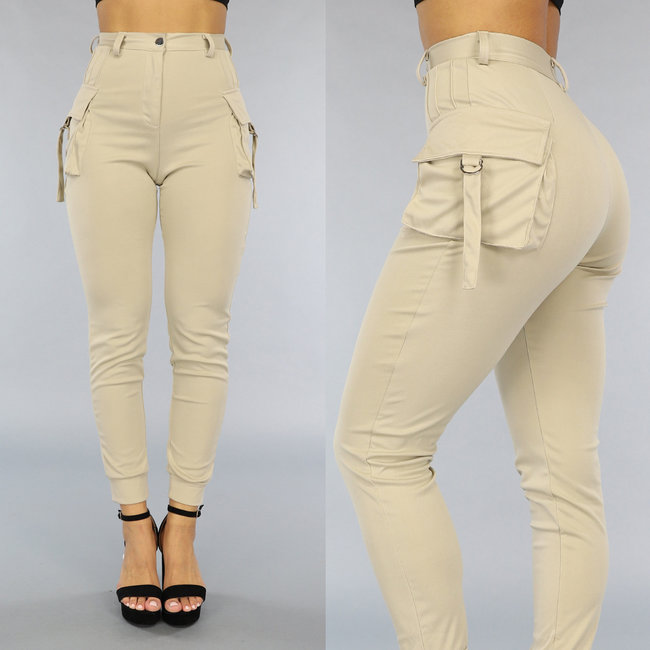 Lange Beige Aansluitende Cargo Broek - Uwantisell.nl