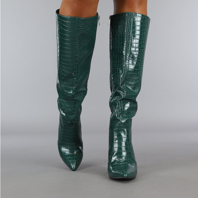 Donkergroene Croco Laars met Spitse Neus - Uwantisell.nl