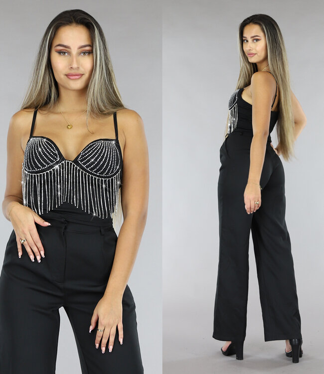 Zwarte Strass Top met Cups en Verstelbare Bandjes - Uwantisell.nl