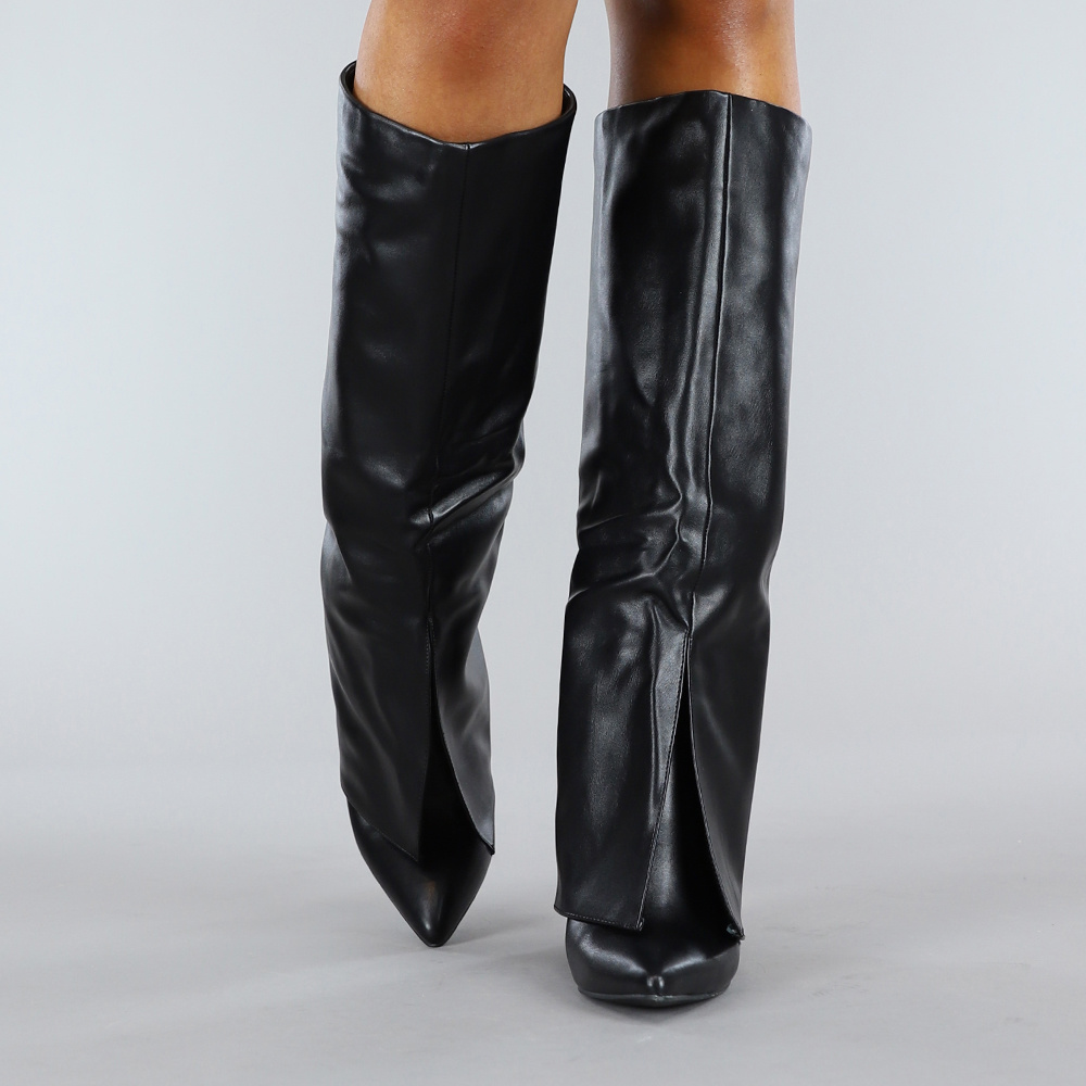 Lange Zwarte Gevouwen Laarzen met Spitse Neus - Uwantisell.nl