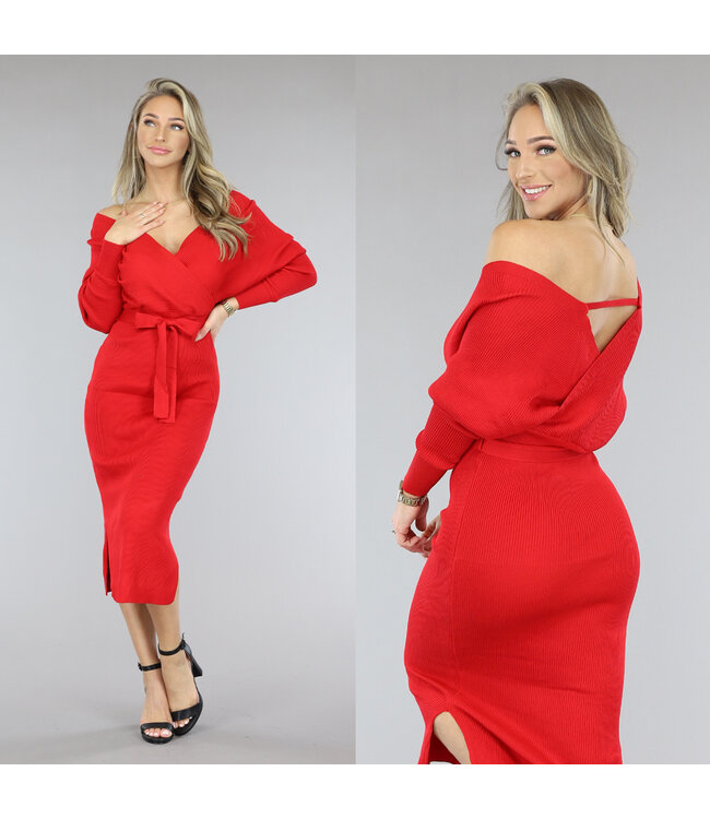 Rode Off-Shoulder Rib Jurk met Tailleband - Uwantisell.nl