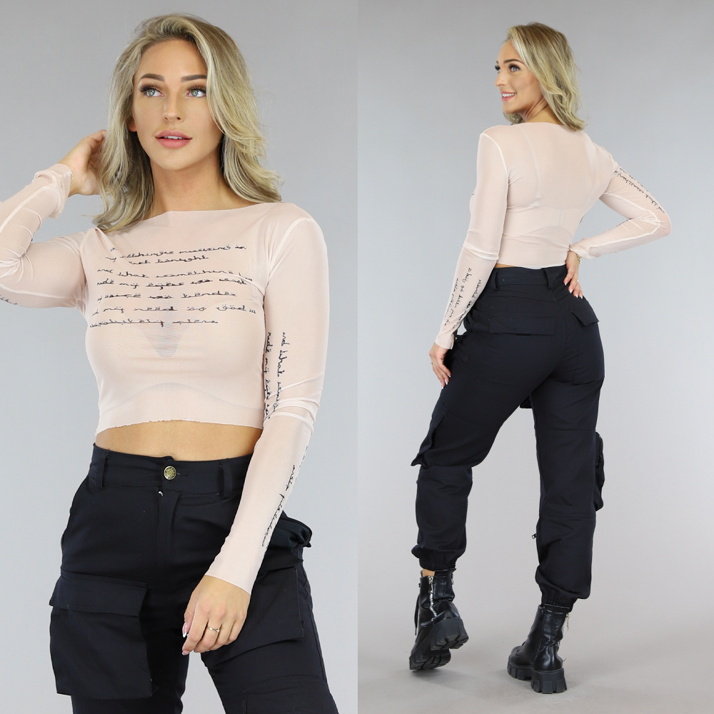 Beige Longsleeve Letter Mesh Top - Uwantisell.nl