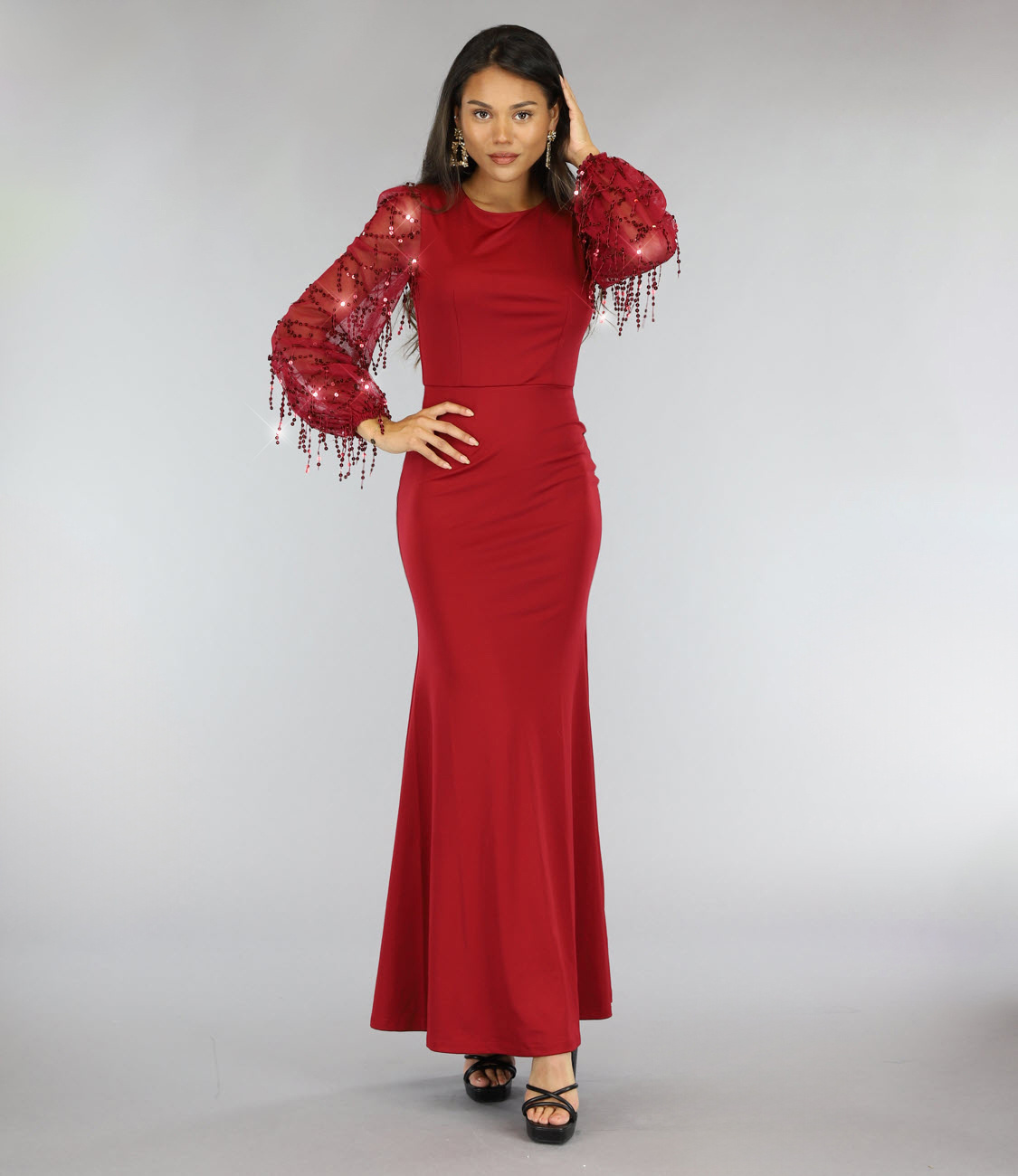 Rode Galajurk met Mesh Mouwen en Pailletten - Uwantisell.nl