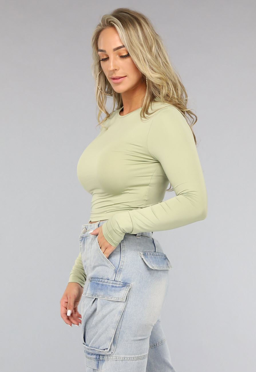 Lichtgroene Longsleeve Crop Top met Duimgaten - Uwantisell.nl