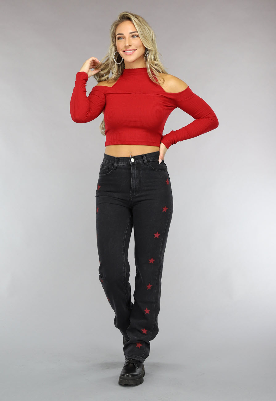 Rode Ribstof Top met Off Shoulder Detail - Uwantisell.nl
