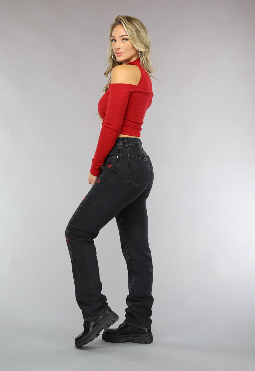 Rode Ribstof Top met Off Shoulder Detail - Uwantisell.nl