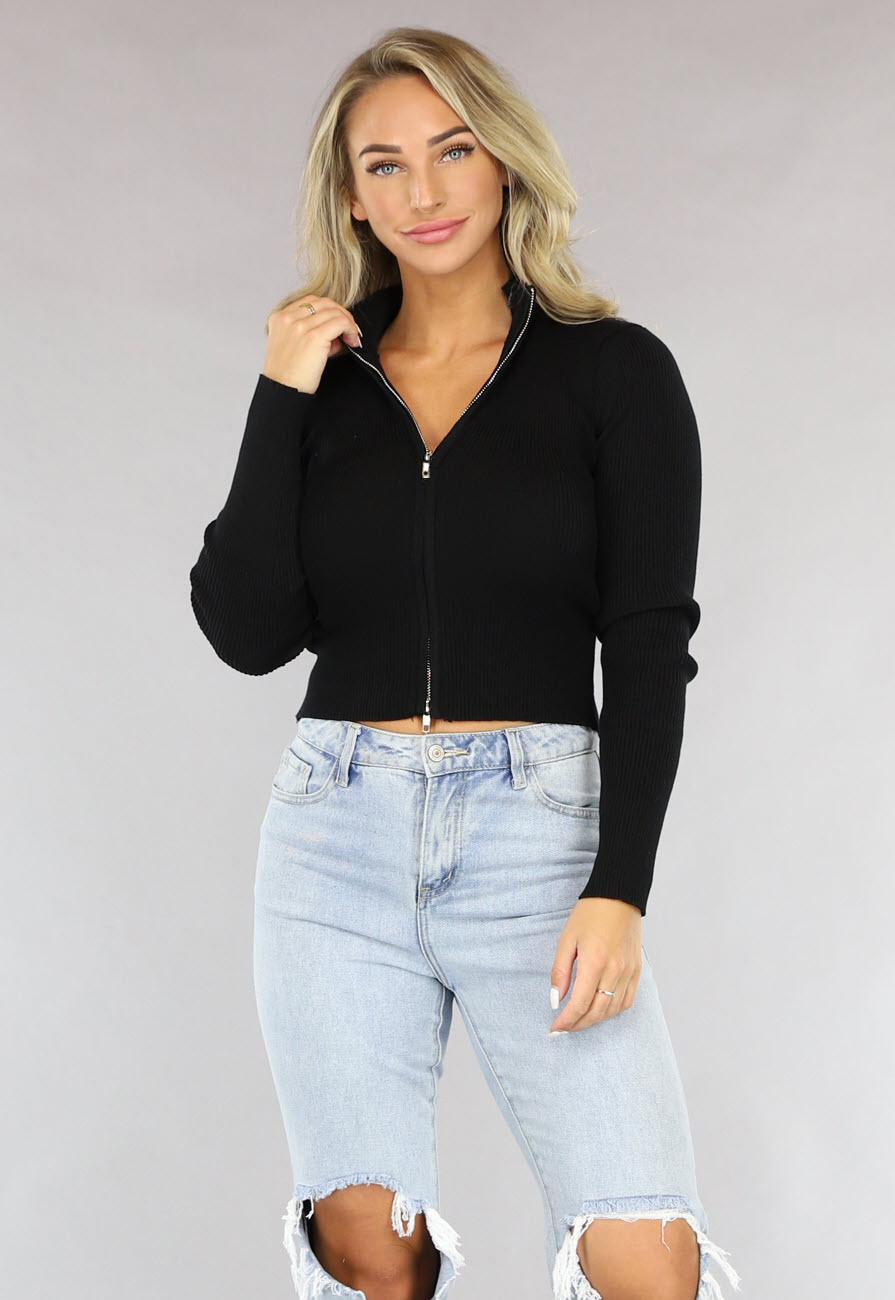 Zwarte Rib Top met Rits en Kraag - Uwantisell.nl