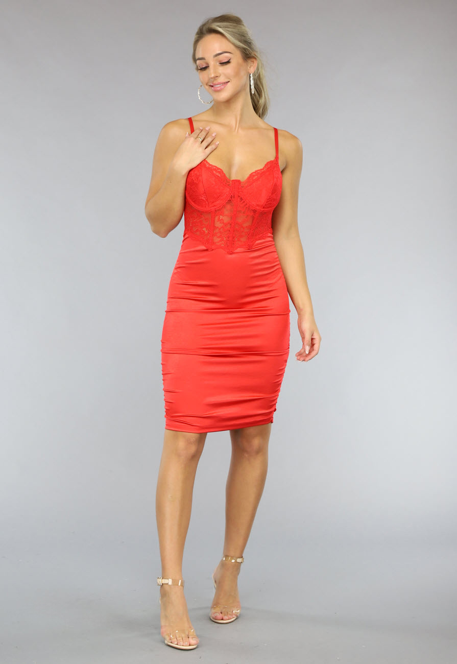 Rode Satin Korset Jurk met Kanten Detail en Beugels - Uwantisell.nl