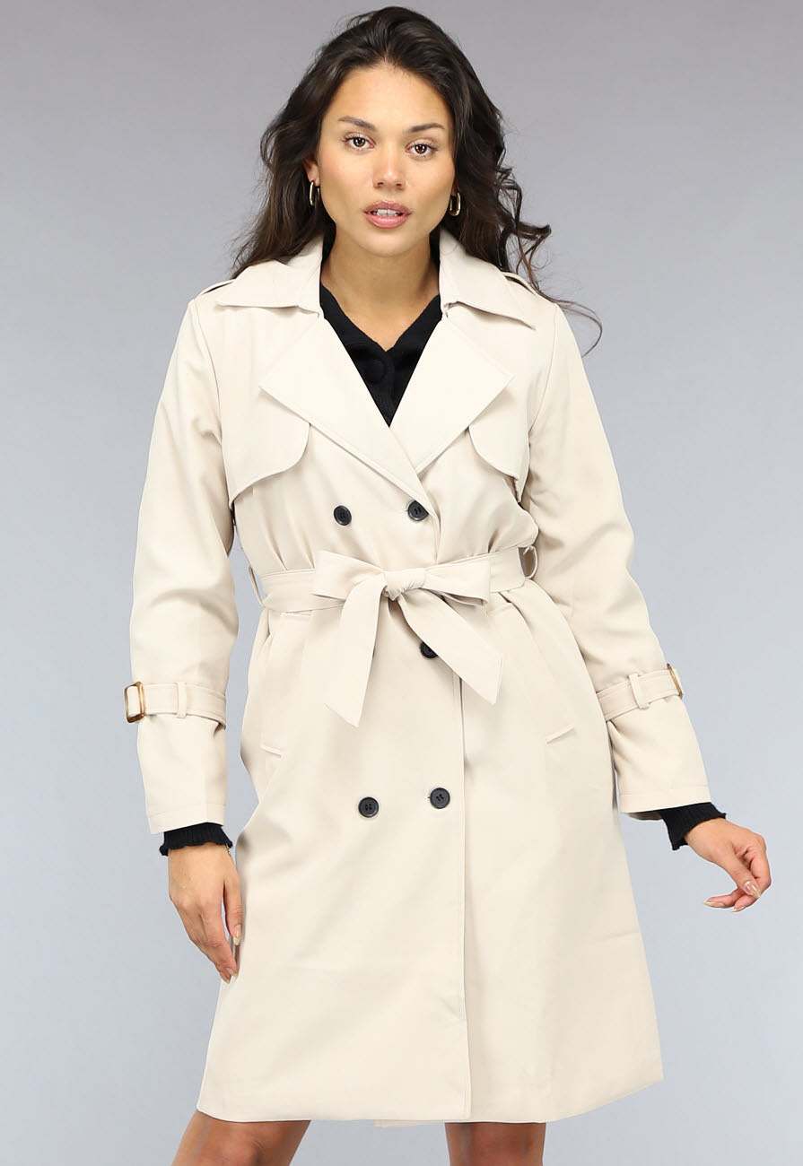 Lange Beige Jas met Tailleband en Knopen - Uwantisell.nl