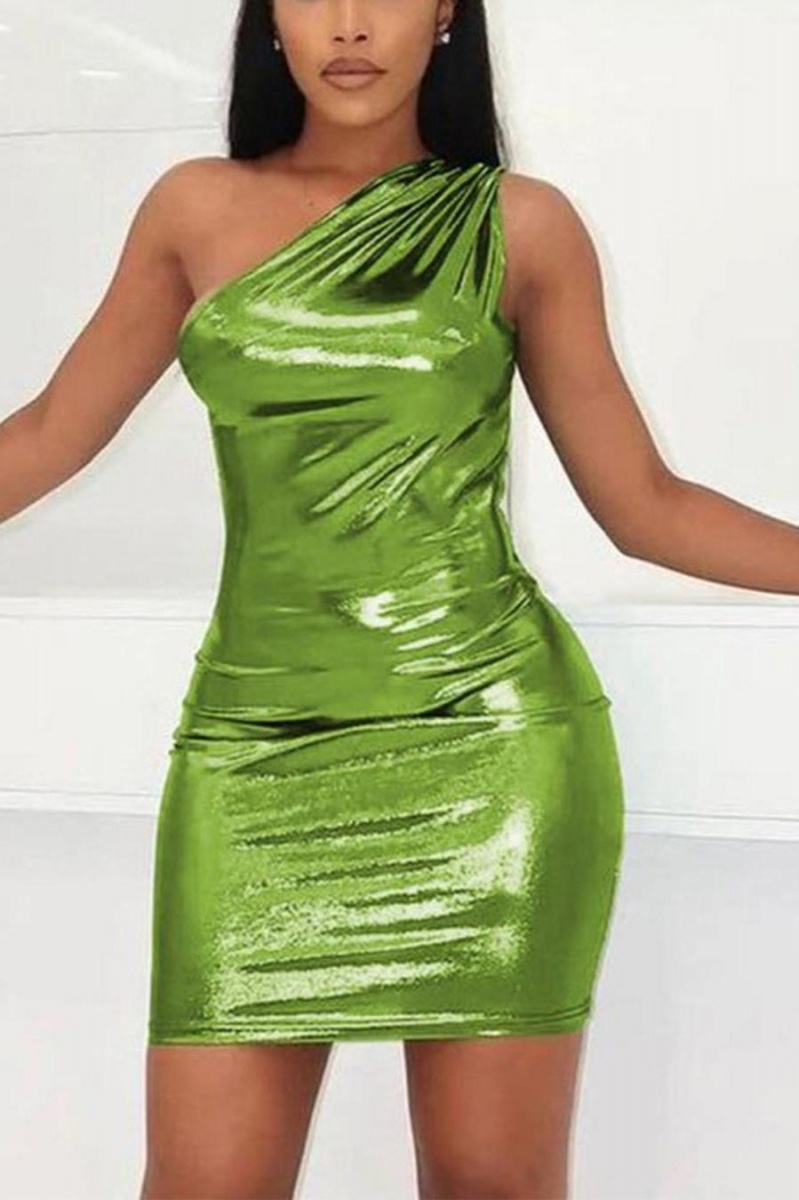 Metallic Groene Jurk met One Shoulder - Uwantisell.nl