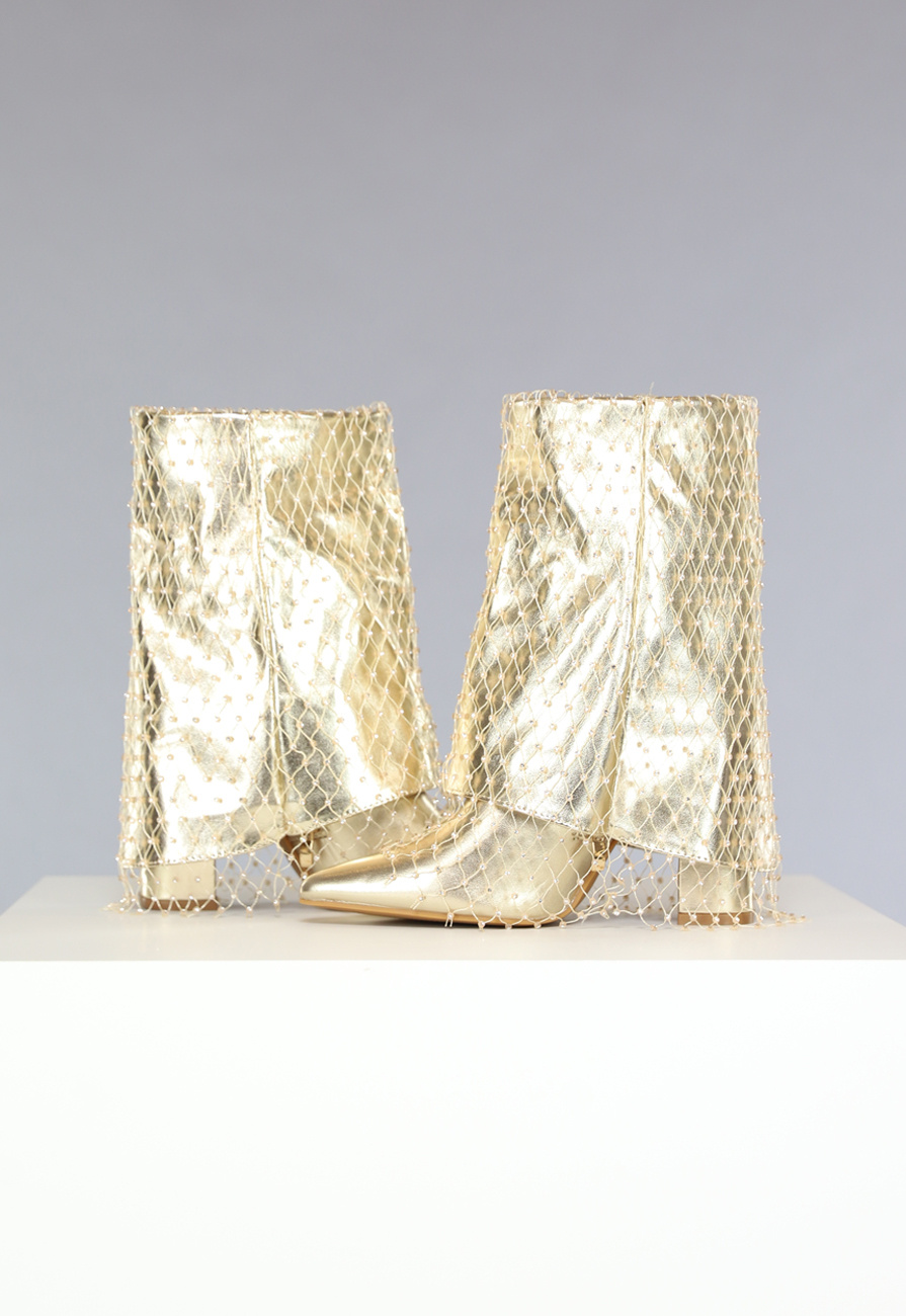 Gouden Overslag Boots met Fishnet Strass - Uwantisell.nl