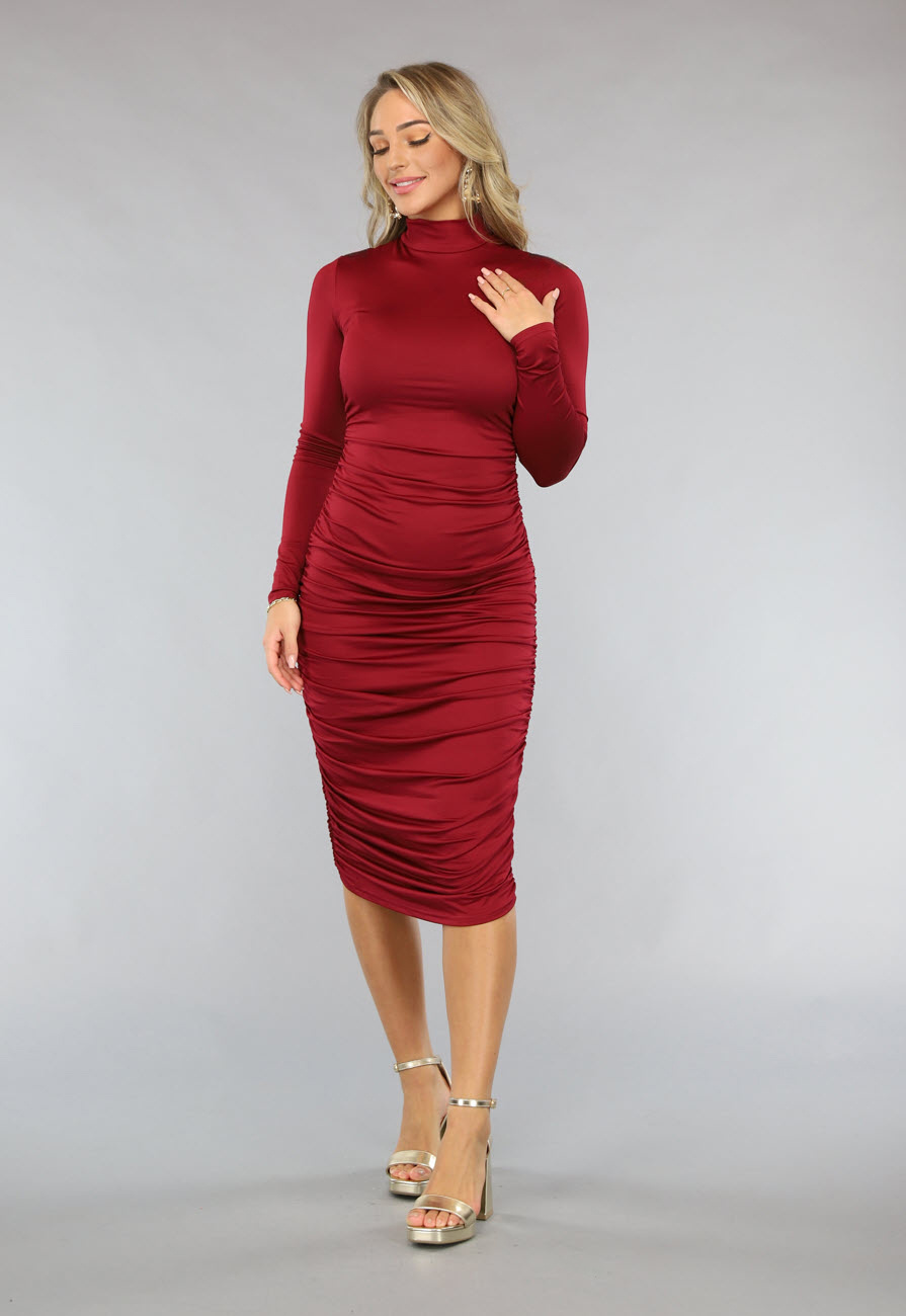 Rode Geplooide Bodycon Jurk met Lange Mouwen - Uwantisell.nl