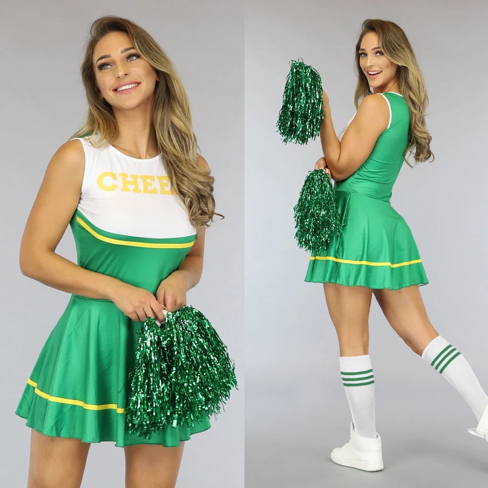 Groen Cheerleader Kostuum met Bijpassende Pompoms - Uwantisell.nl