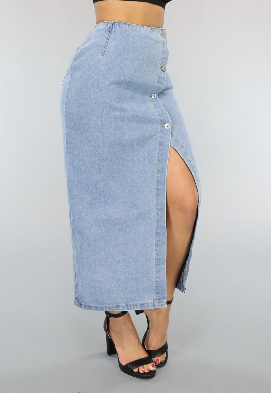 Lange Denim Rok met Split - Uwantisell.nl