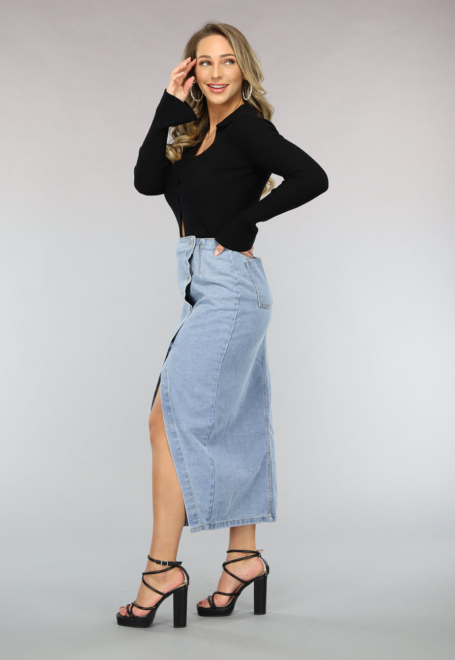 Lange Denim Rok met Split - Uwantisell.nl