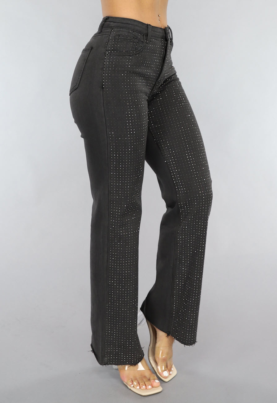 Antraciet Straight Leg Jeans met Strass Steentjes - Uwantisell.nl