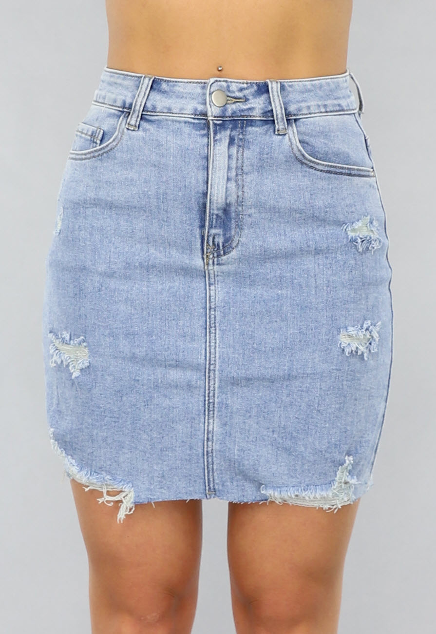 Blauwe Korte Ripped Jeans Rok met Stretch - Uwantisell.nl