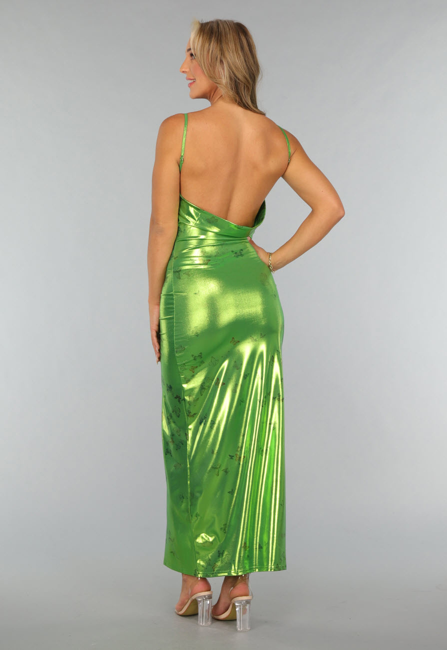 Metallic Groene Maxi Jurk met Vlinders - Uwantisell.nl
