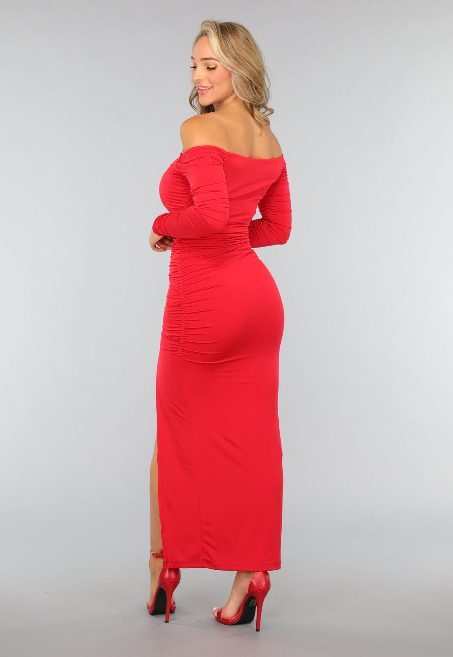Rode Geplooide Lange Jurk met Split - Uwantisell.nl