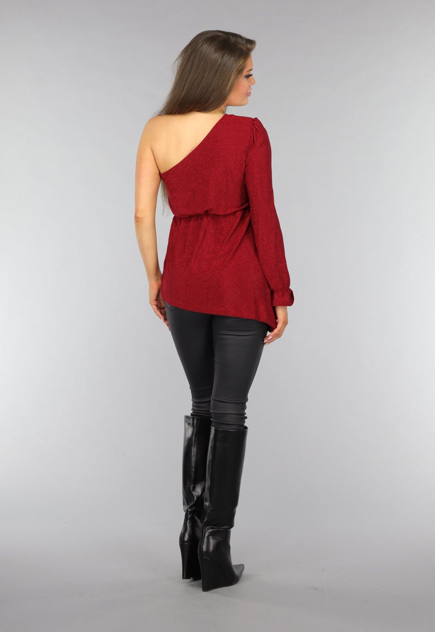 Rode One Shoulder Glitter Top - Uwantisell.nl