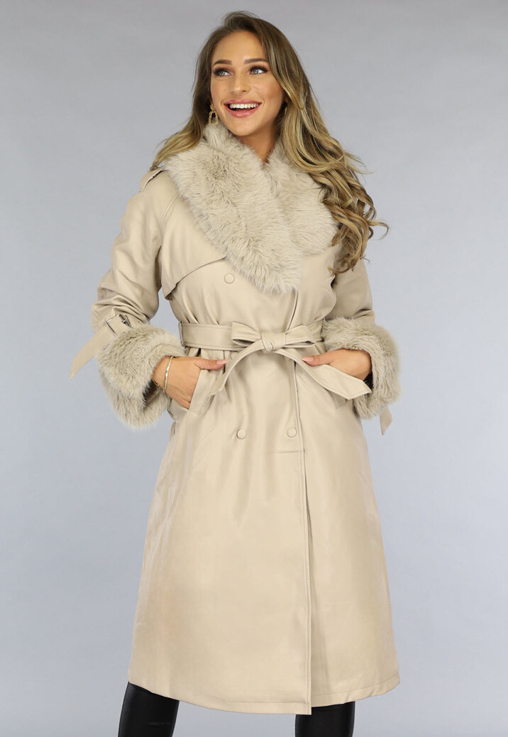 Beige Lange Lederlook Jas met Bont en Tailleband - Uwantisell.nl