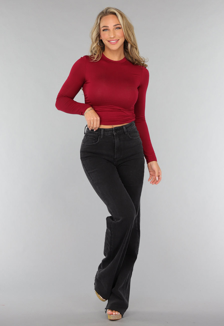 Burgundy Rode Geplooide Longsleeve Top - Uwantisell.nl