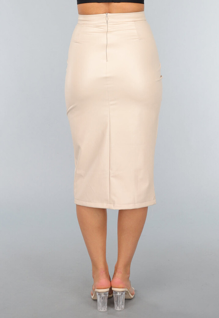 Beige Lederlook Midi Rok met Split - Uwantisell.nl