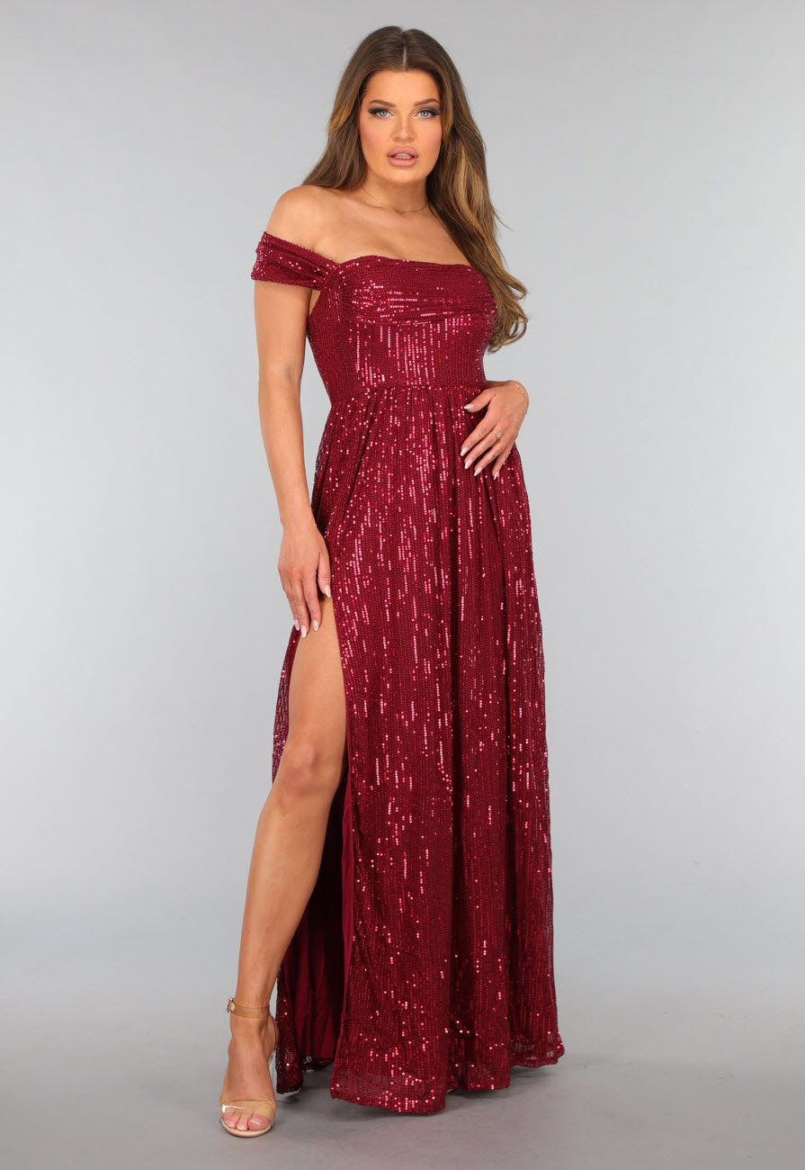 Bordeaux Rode Jurk met Schouder Detail - Uwantisell.nl