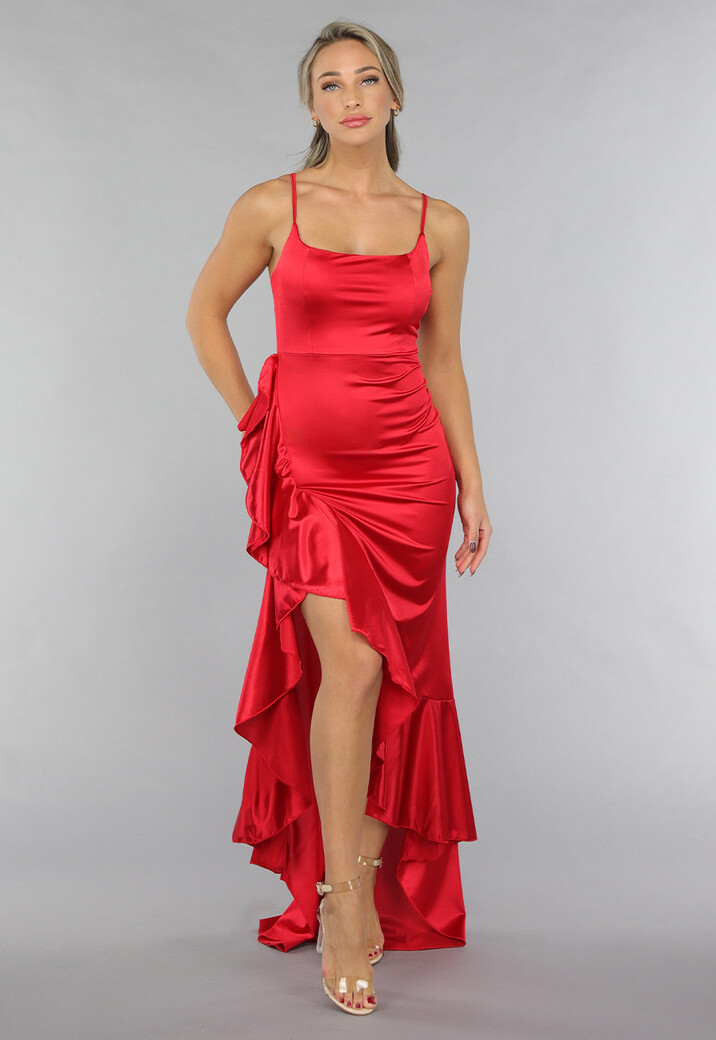 Lange Satijnen Rode Ruffle Jurk - Uwantisell.nl