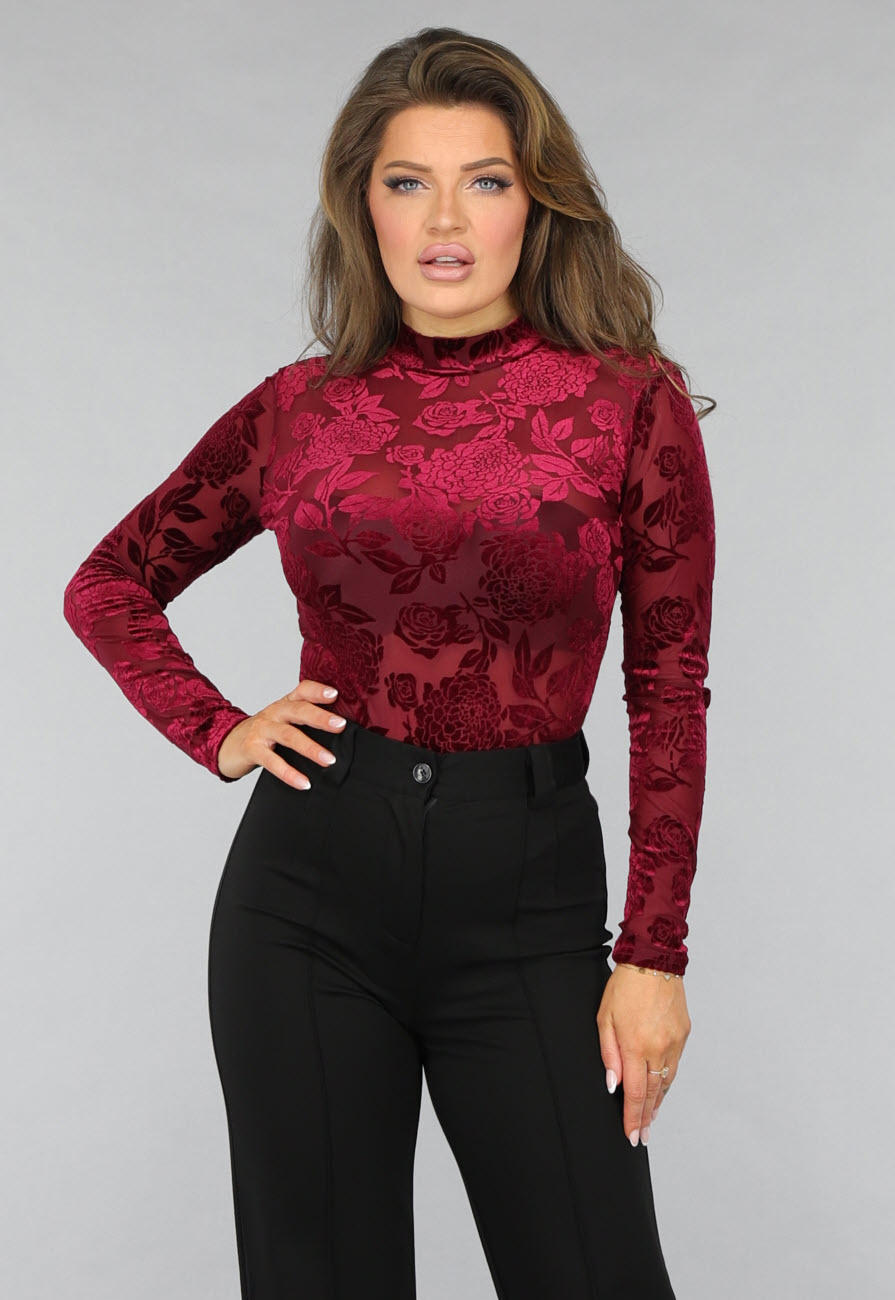 Bordeaux Rode Velvet Bloemen Bodysuit - Uwantisell.nl