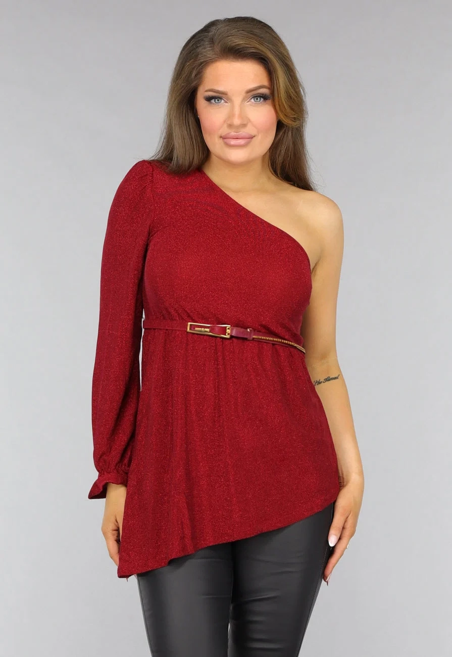 Rode One Shoulder Glitter Top - Uwantisell.nl