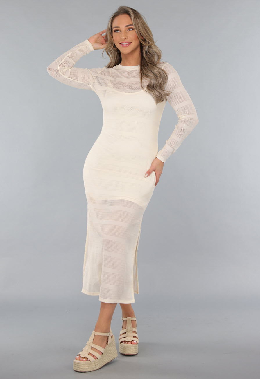 Beige Jurk met Structuur en Onderjurk - Uwantisell.nl