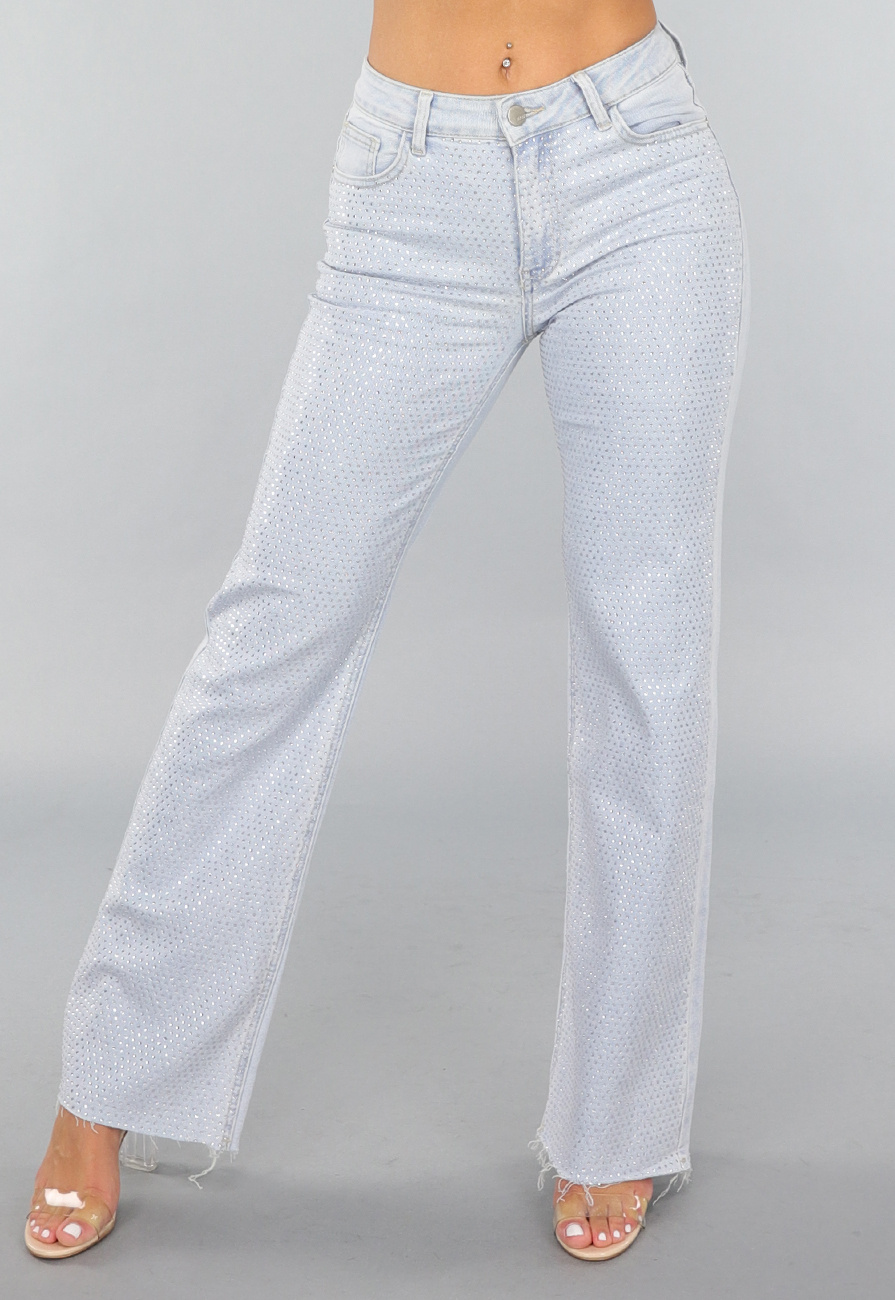 Lichtblauwe Wide Leg Mid Waist Strass Jeans - Uwantisell.nl
