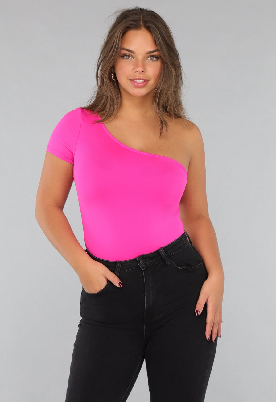 Fel Roze One Shoulder Bodysuit met Korte Mouw - Uwantisell.nl