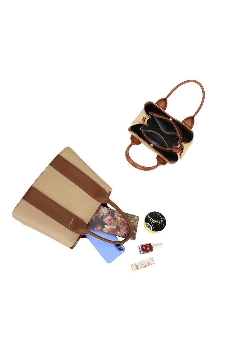 Beige Handtas met Handvatten en Bruine Details - Uwantisell.nl