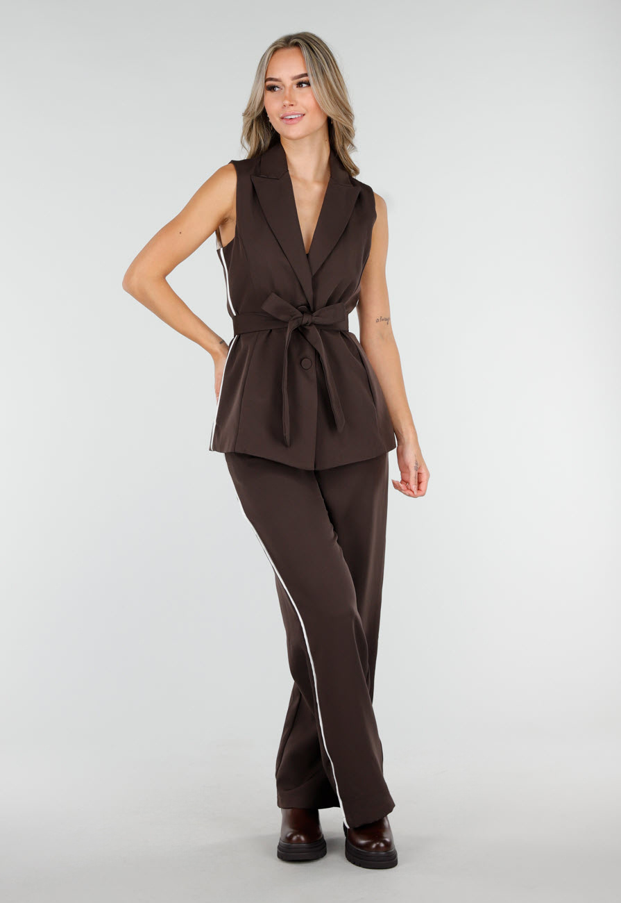 Donkerbruine Two Piece Set met Gilet en Rechte Broek - Uwantisell.nl