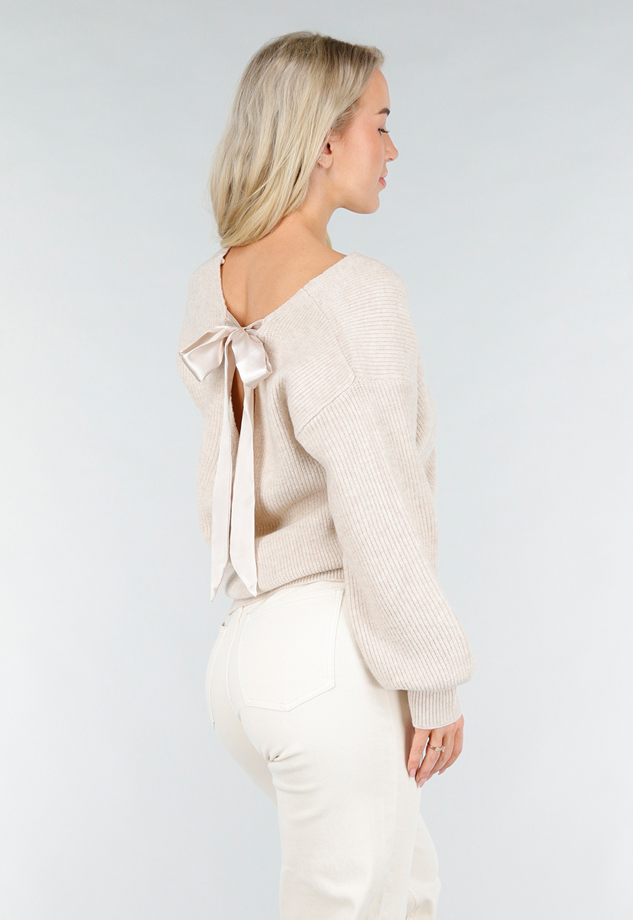 Beige Gebreide Trui met Open Rug - Uwantisell.nl