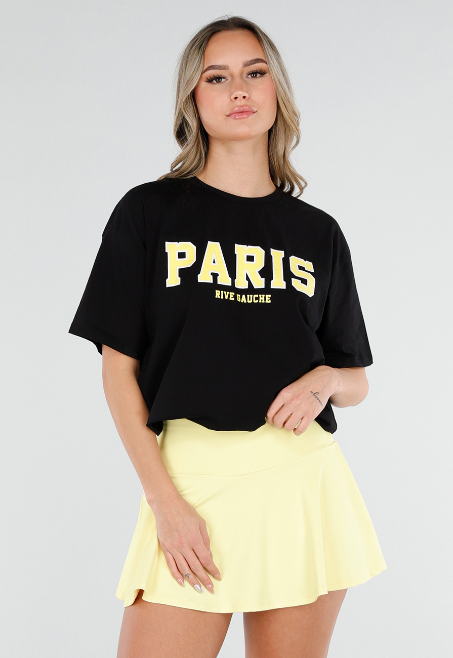 Zwart T-Shirt met Gele Paris Opdruk - Uwantisell.nl