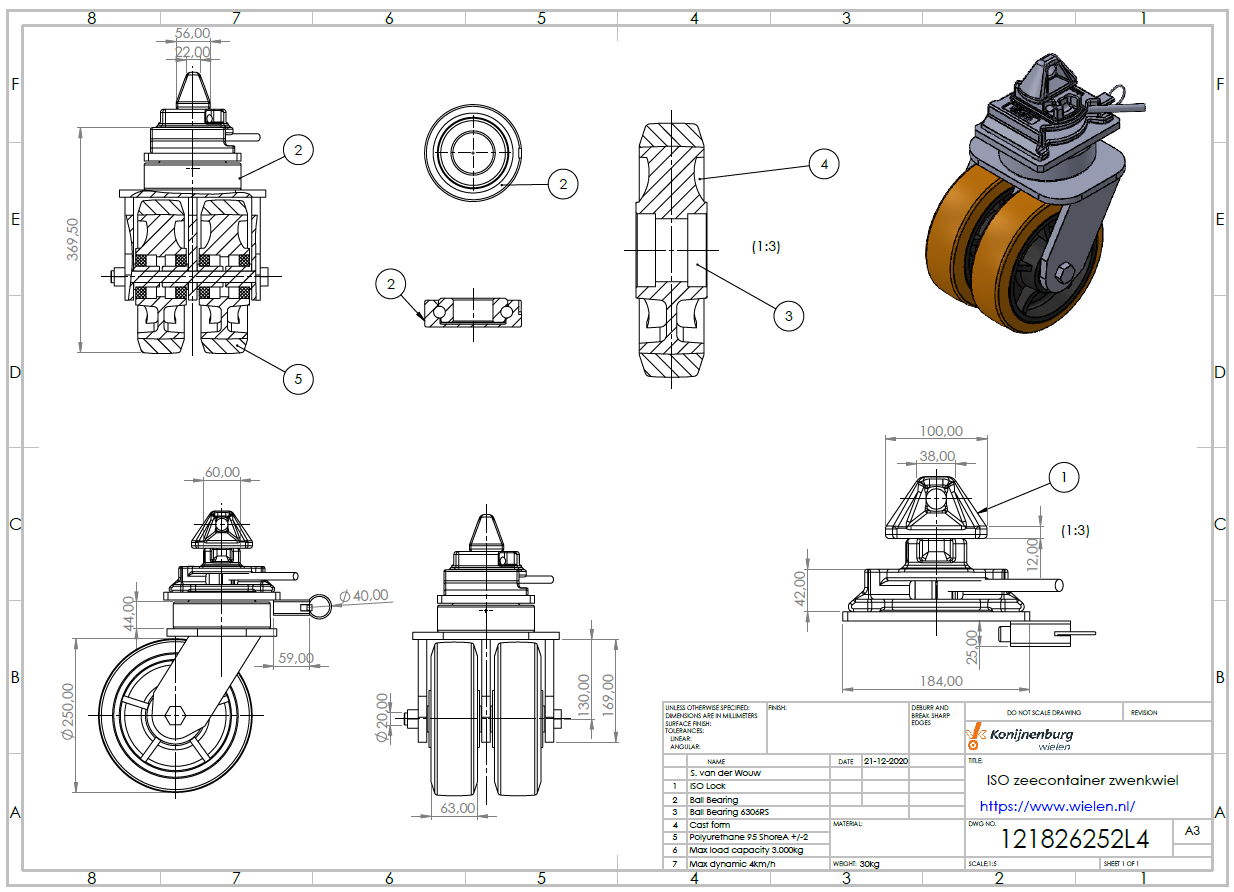 4 x Swivel castors for container. Together with 9,000 kg load capacity ...