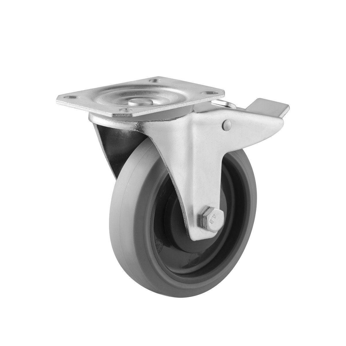swivel castor with brake, Ø 125, thermoplastic rubber grey non-marking ...