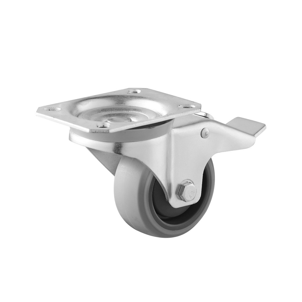 swivel castor with brake, Ø 80, thermoplastic rubber grey non-marking ...