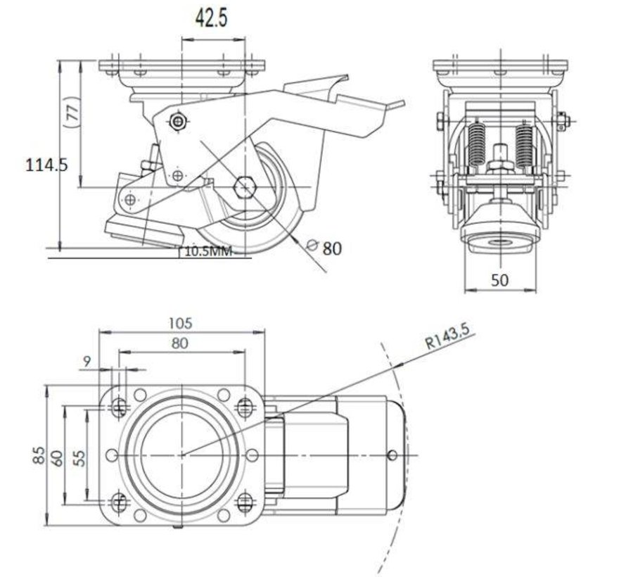 Foot operated Levelling fixed caster with 80x40mm nylon wheel, load ...