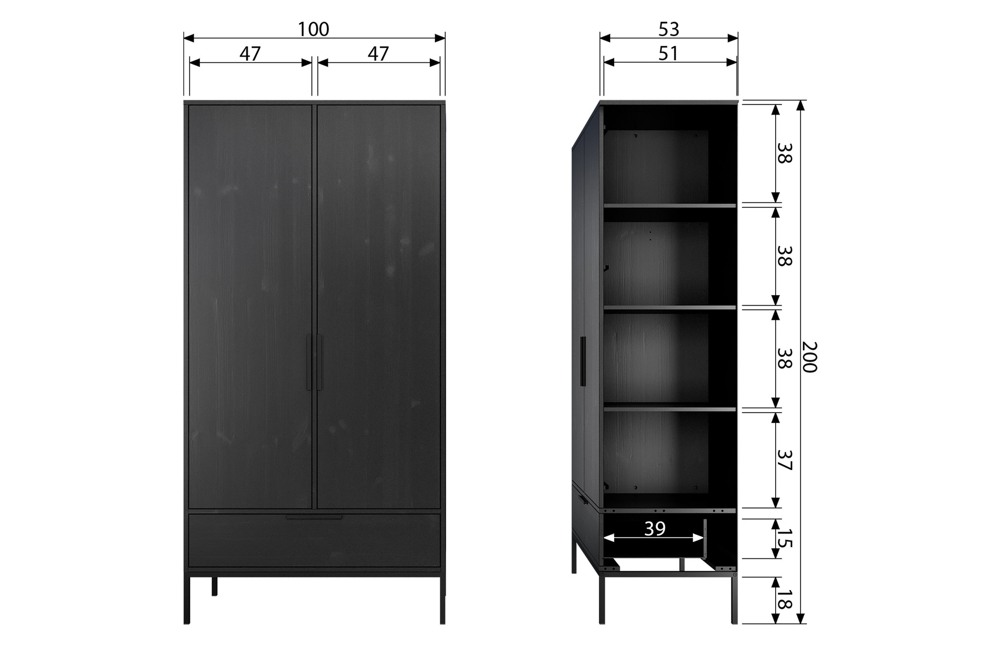 WOOOD Adam 2-deurs Kast Grenen Zwart [fsc] - Deens