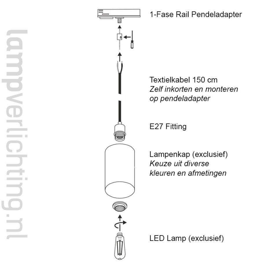 1-Fase Rail Snoer met Fitting voor Lampenkap - Zelf samenstellen ...