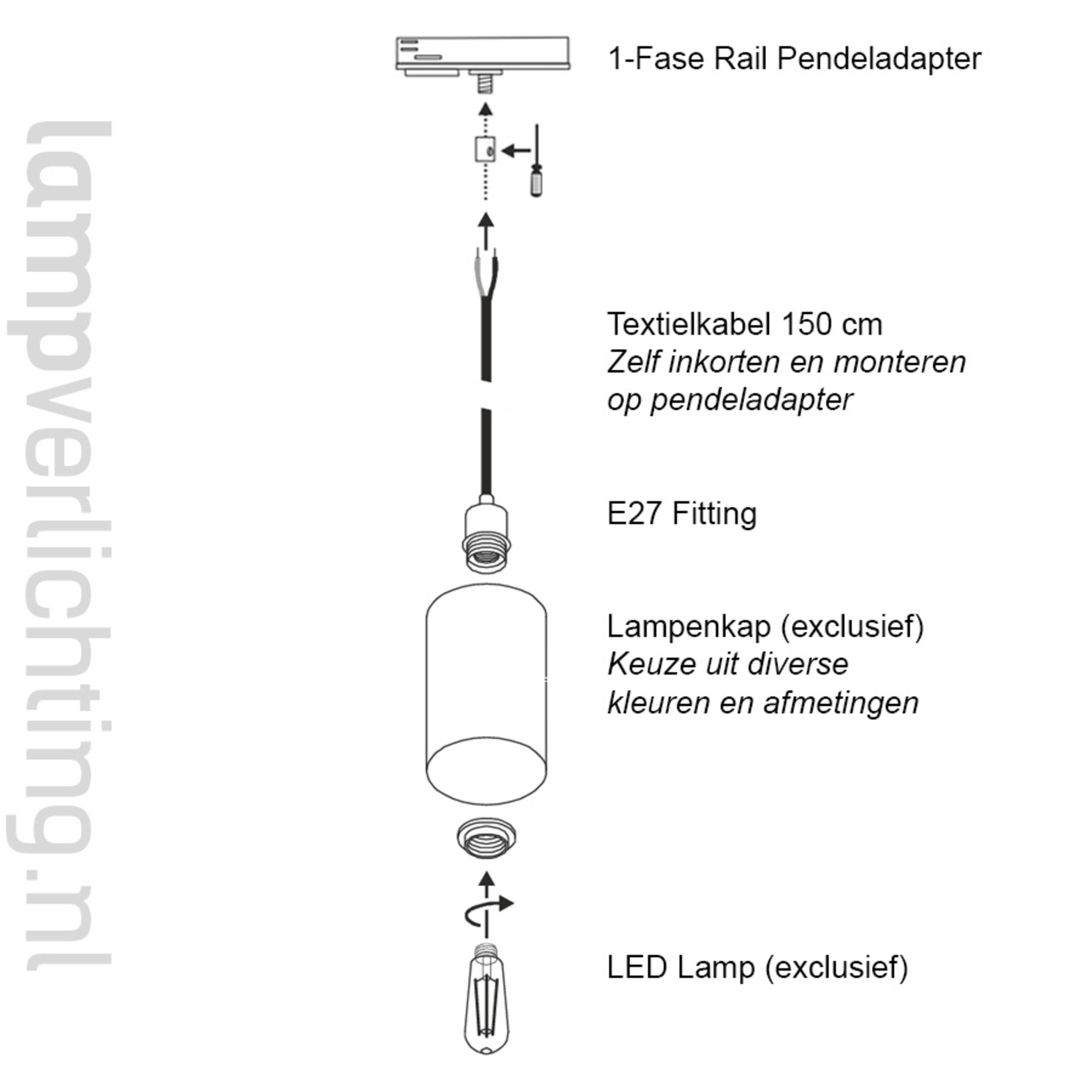 1-Fase Rail Snoer met Fitting voor Lampenkap - Zelf samenstellen ...