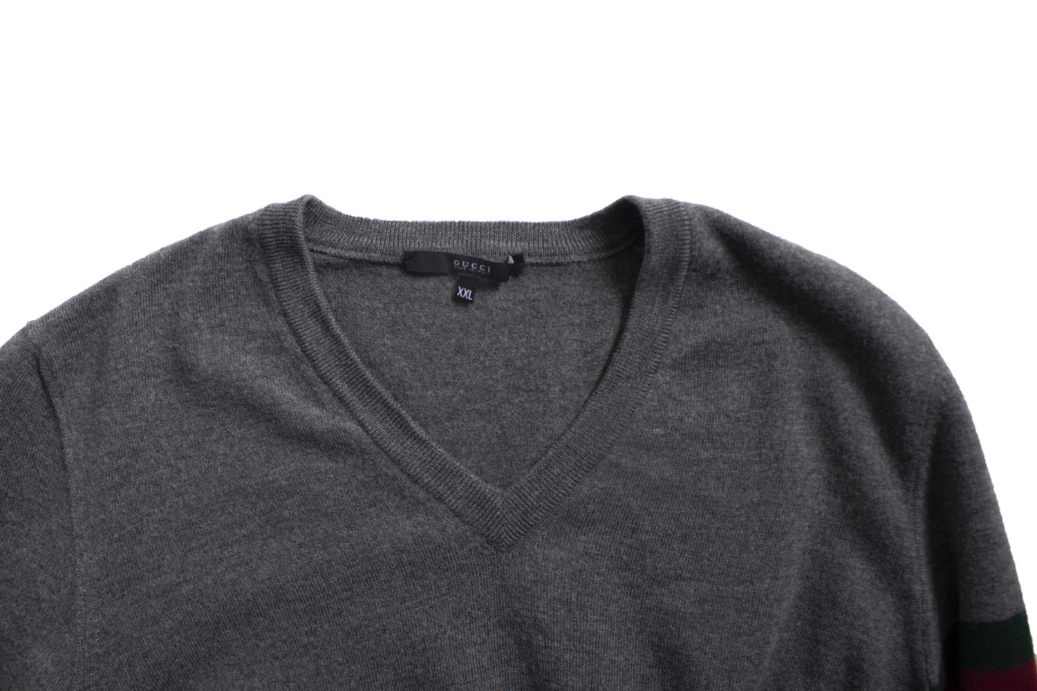 Gucci, Grey V neck sweater with web detail - Unique Designer Gucci, Grey V neck sweater with web detail - Unique Designer
