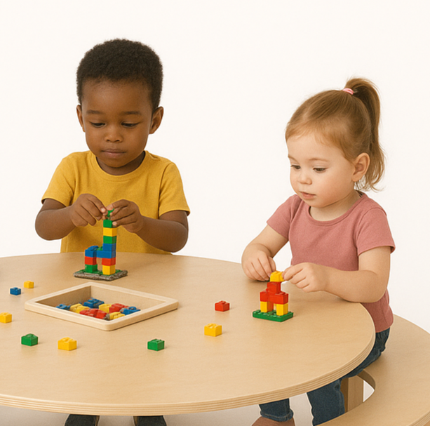 Round Lego Table with storage brick container and bench - KinderSpell