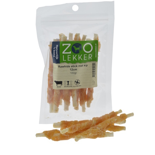 Rawhide stick met kip 12 cm - hondensnack 100 g, 400 g en 1 kg - Junai.nl
