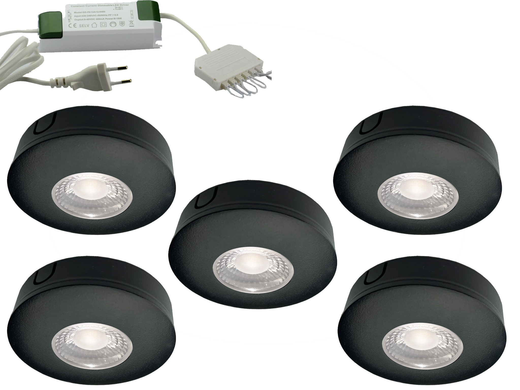 Set van 5 Cabinet Led Opbouwspot warm wit, zwarte uitvoering. IP44 ...