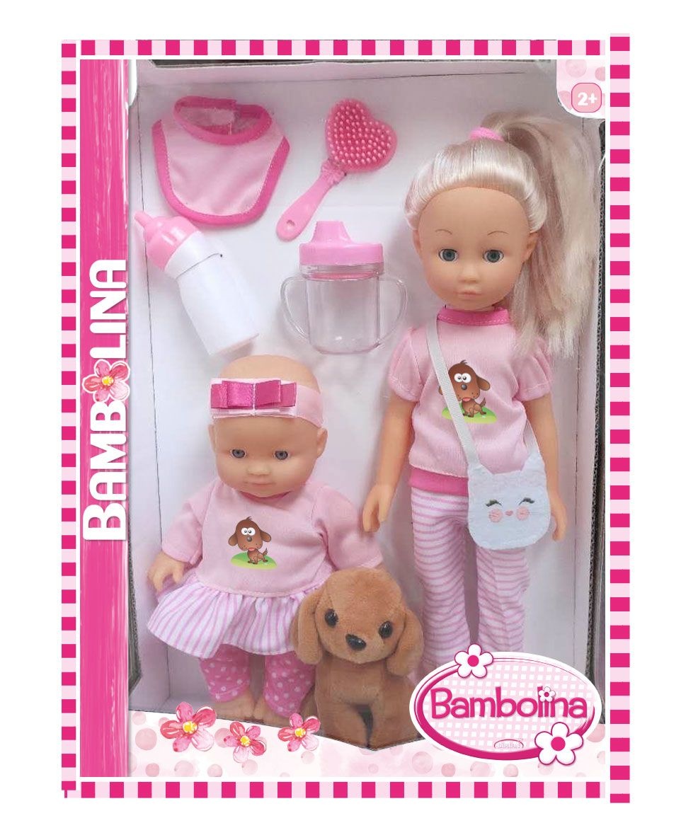 Bambolina Zussen poppen (35/20cm) met pluche hondje en accessoires - t ...